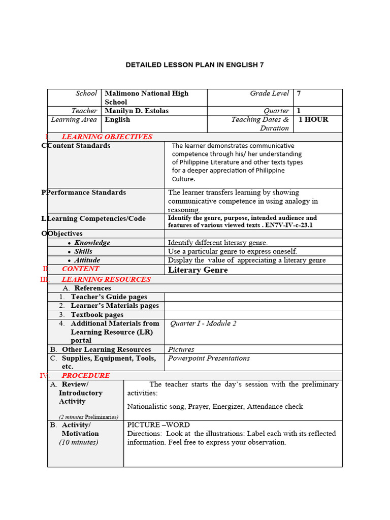 DETAILED LESSON PLAN IN ENGLISH 7-Week 2 | PDF | Learning | Genre