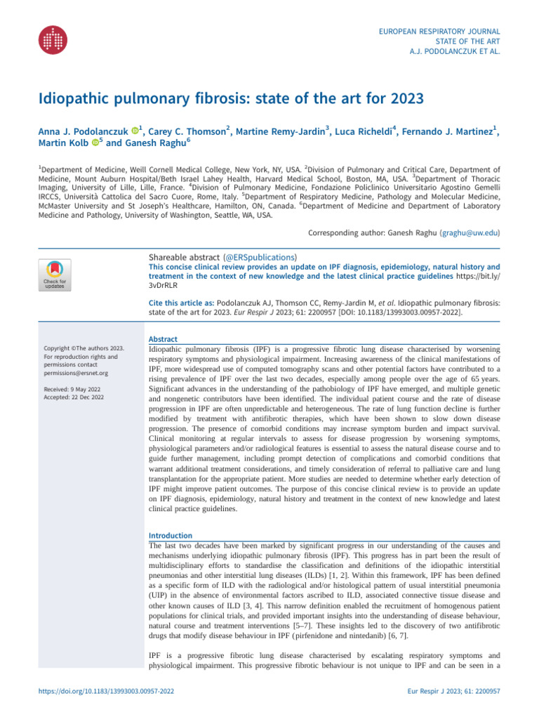 Idiopathic Pulmonary Fibrosis - State of The Art For 2023 | PDF