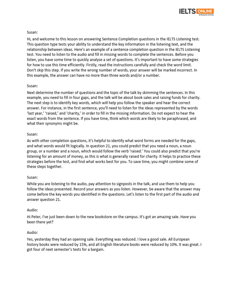 Sentence Completion How To Answer - Transcript | PDF | Question ...