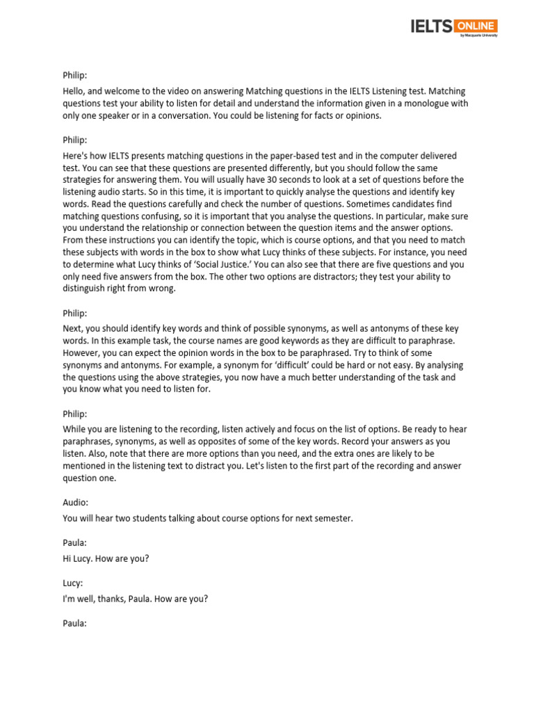 Matching Questions How To Answer - Transcript | PDF