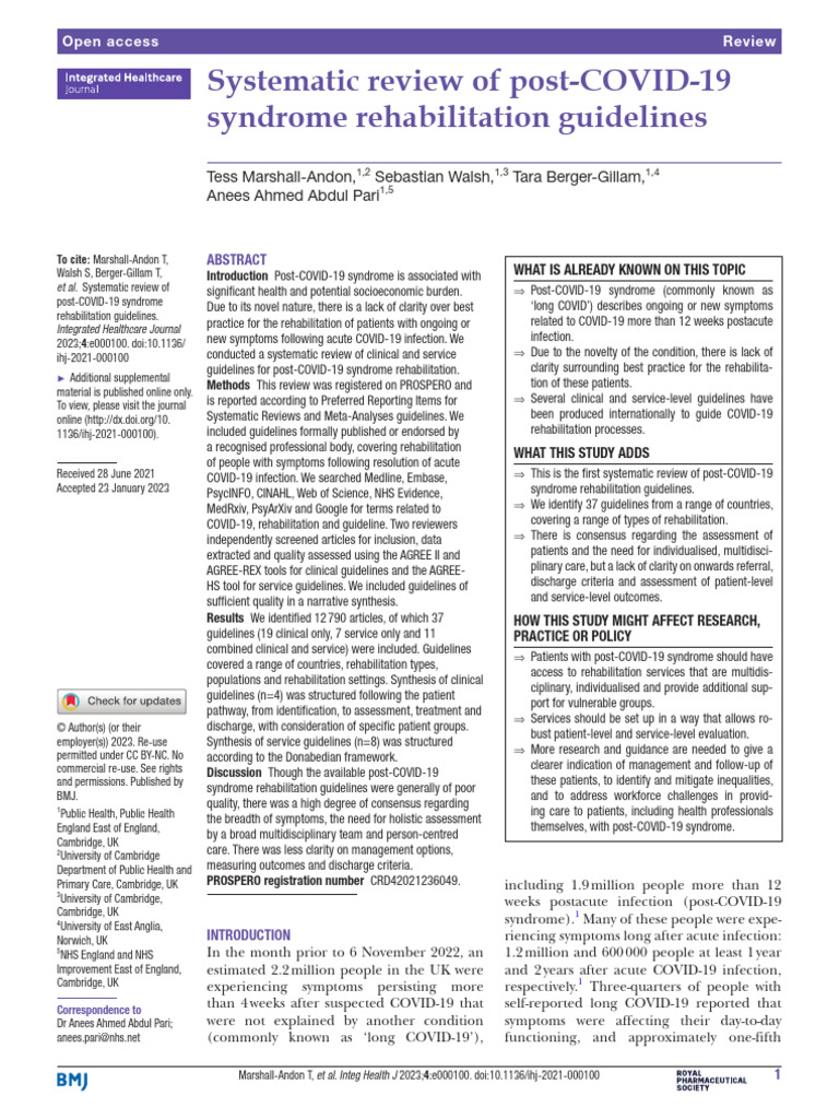 Systematic Review of post-COVID-19 Syndrome Rehabilitation Guidelines | PDF
