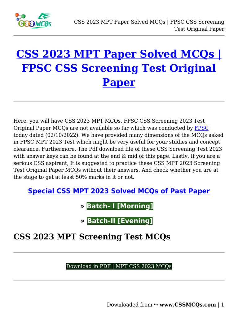 CSS 2023 MPT Paper Solved MCQs - FPSC CSS Screening Test Original Paper ...
