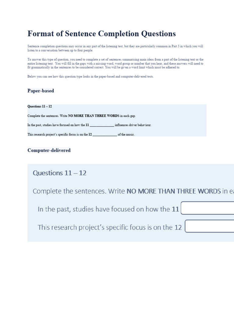 Format of Sentence Completion | PDF | Language Arts & Discipline
