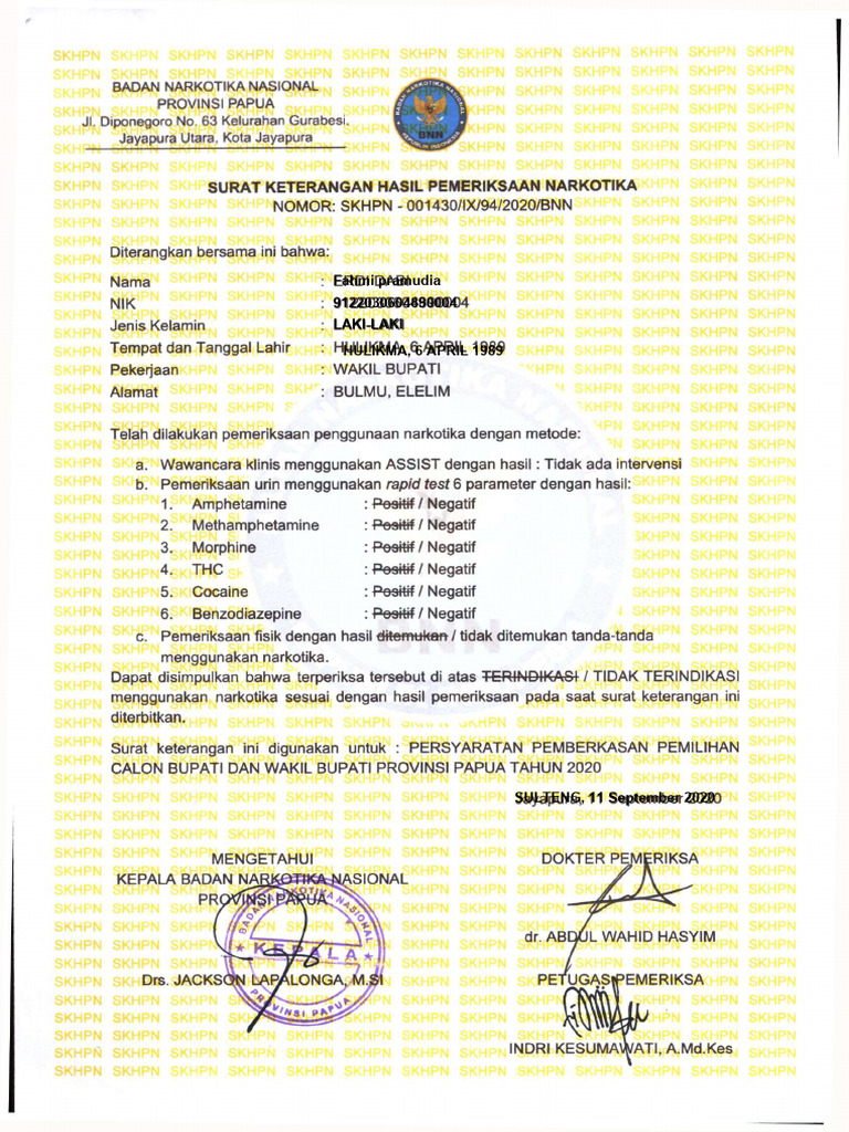 Surat Keterangan Hasil Pemeriksaan Narkotika SKHP Nomor - SKHPN - Ix - 94 - 2020 - BNN HPN SKHPN ...