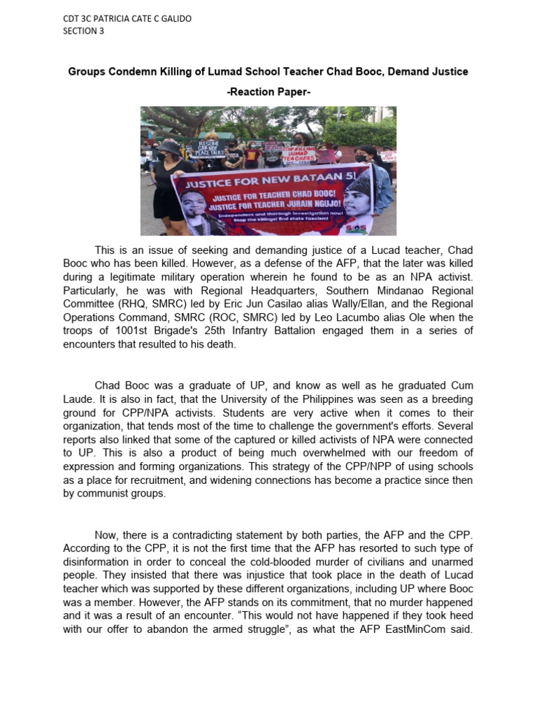 CDT GALIDO REACTION PAPER Groups Condemn Killing of Lumad School ...
