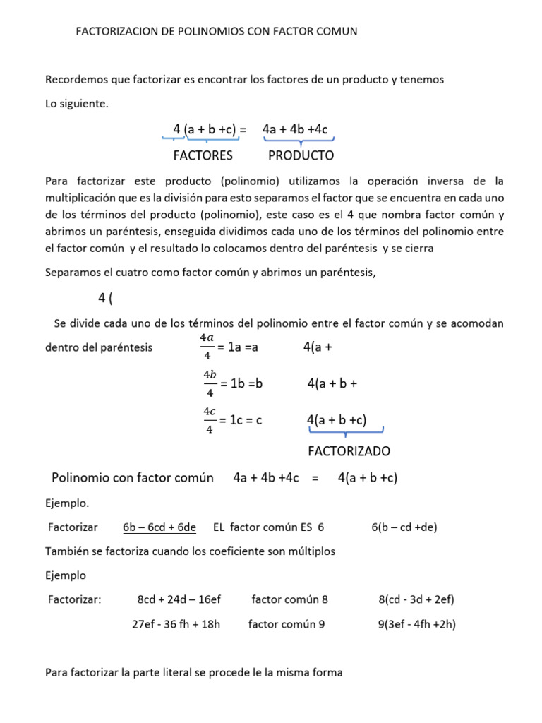 FACTORIZACION DE POLINOMIOS CON FACTOR COMUN 21 -22 | PDF ...