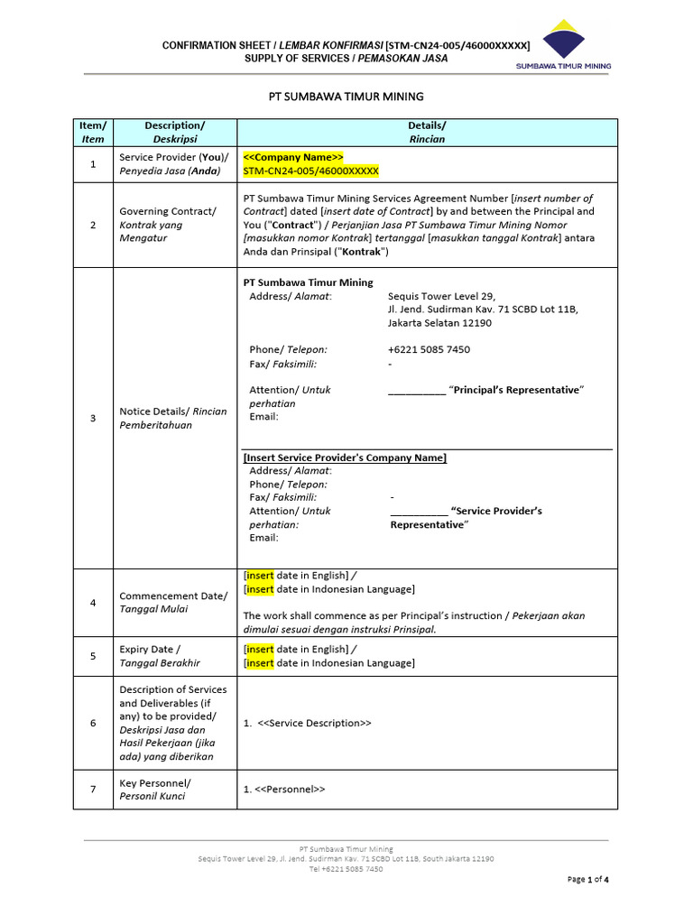 Confirmation Sheet - STM-CN24-005 - Part of Contract | PDF