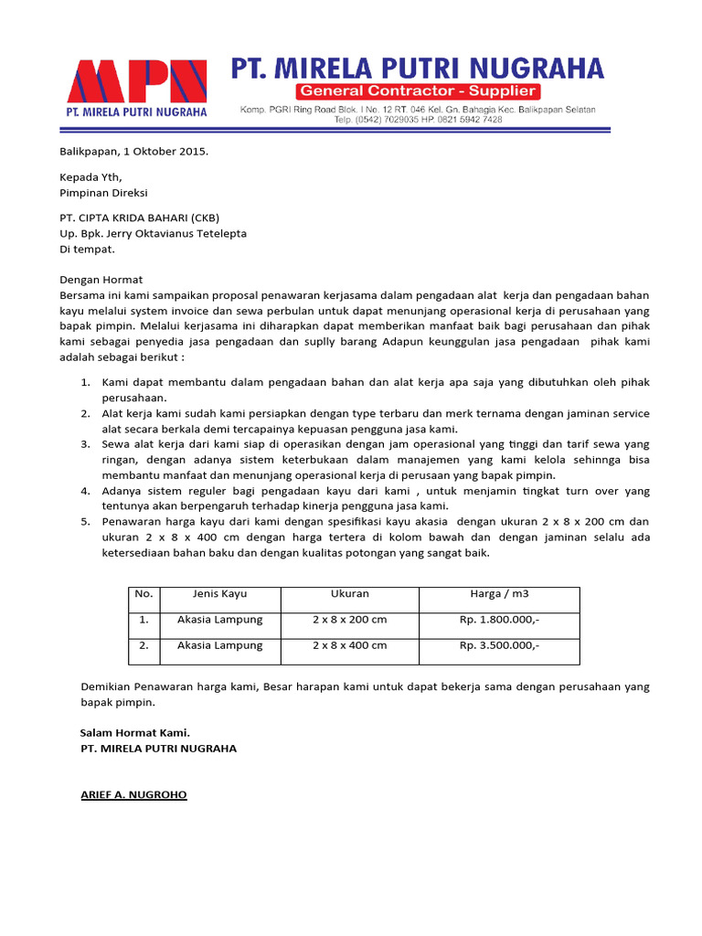 Surat Penawaran MPN-CKB - Kayu | PDF