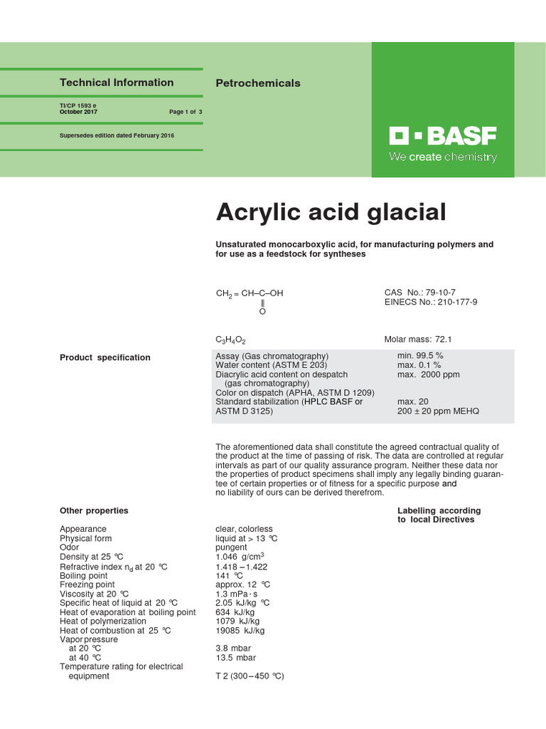 Glacial Acrylic Acid Specifications | PDF