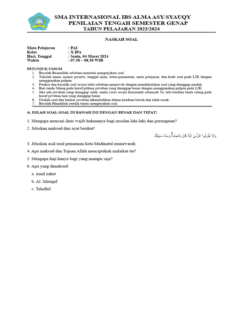 PTS GENAP SMA PAI | PDF