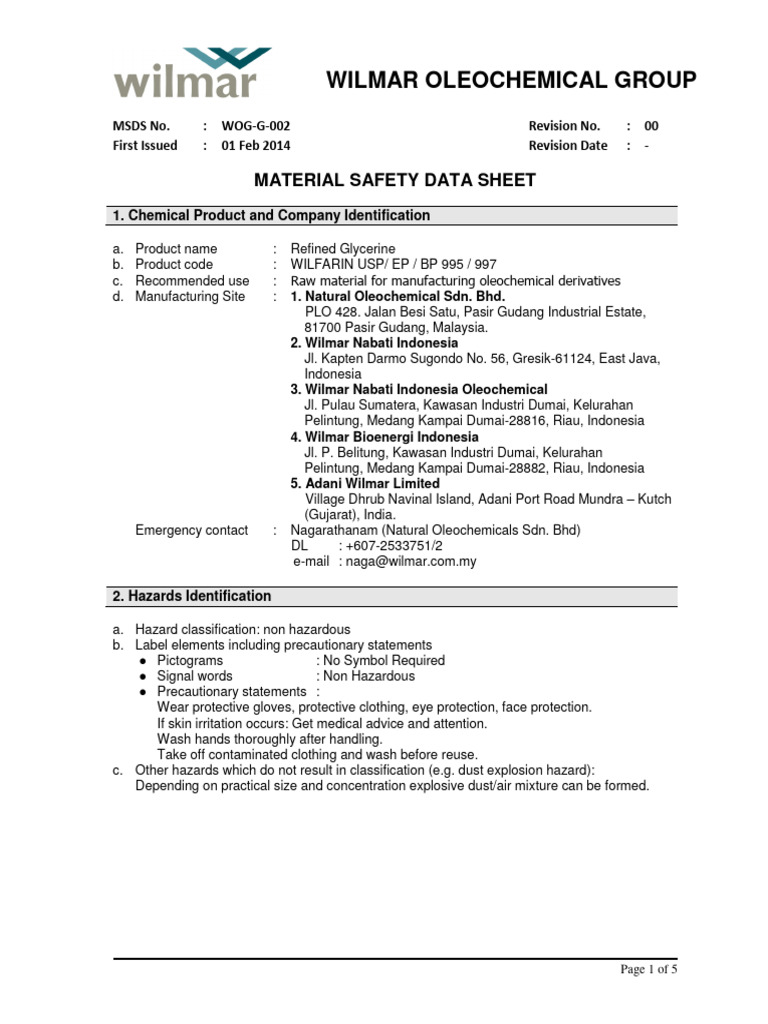 MSDS for Refined Glycerine Safety | PDF | Personal Protective Equipment ...