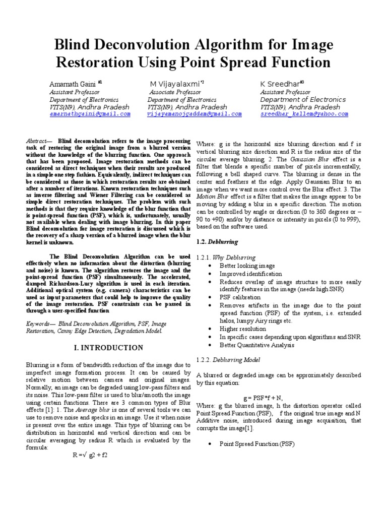Blind Deconvolution Algorithm For Image Restoration Using Point Spread Function Pdf Optics