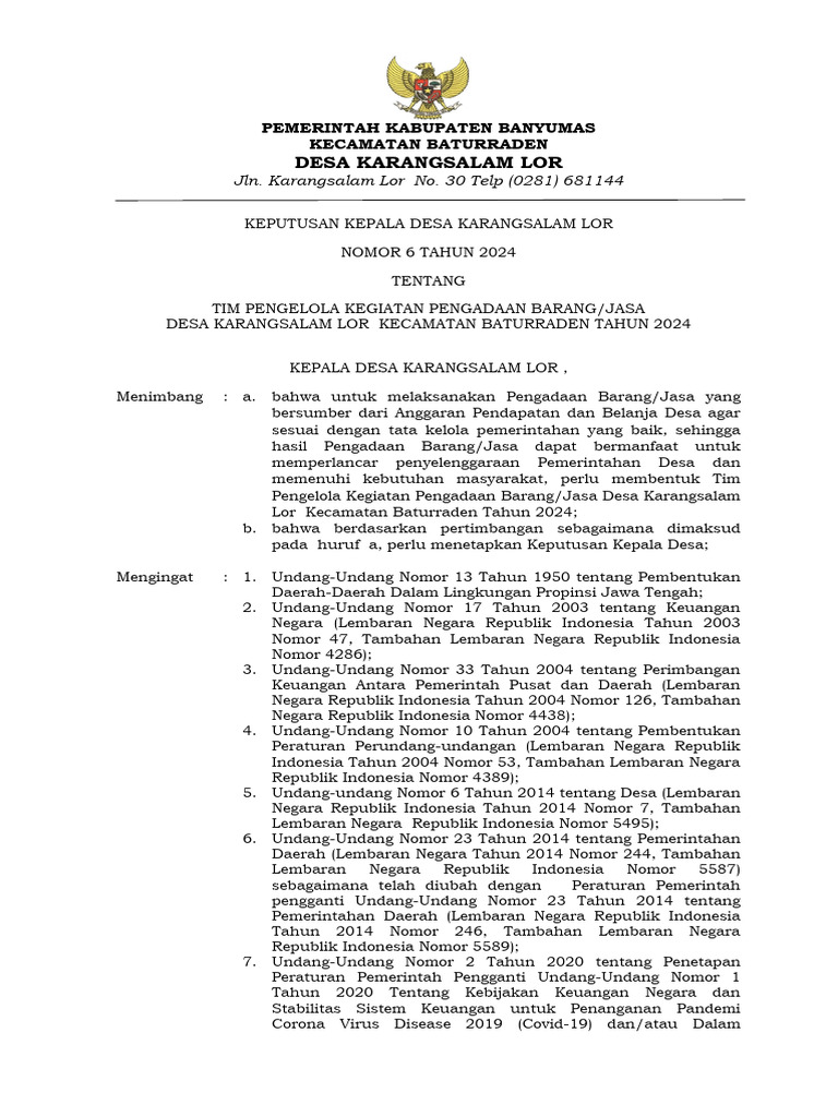 KRS Lor SK 6 Tim Pengelola Pengadaan Barang Dan Jasa | PDF