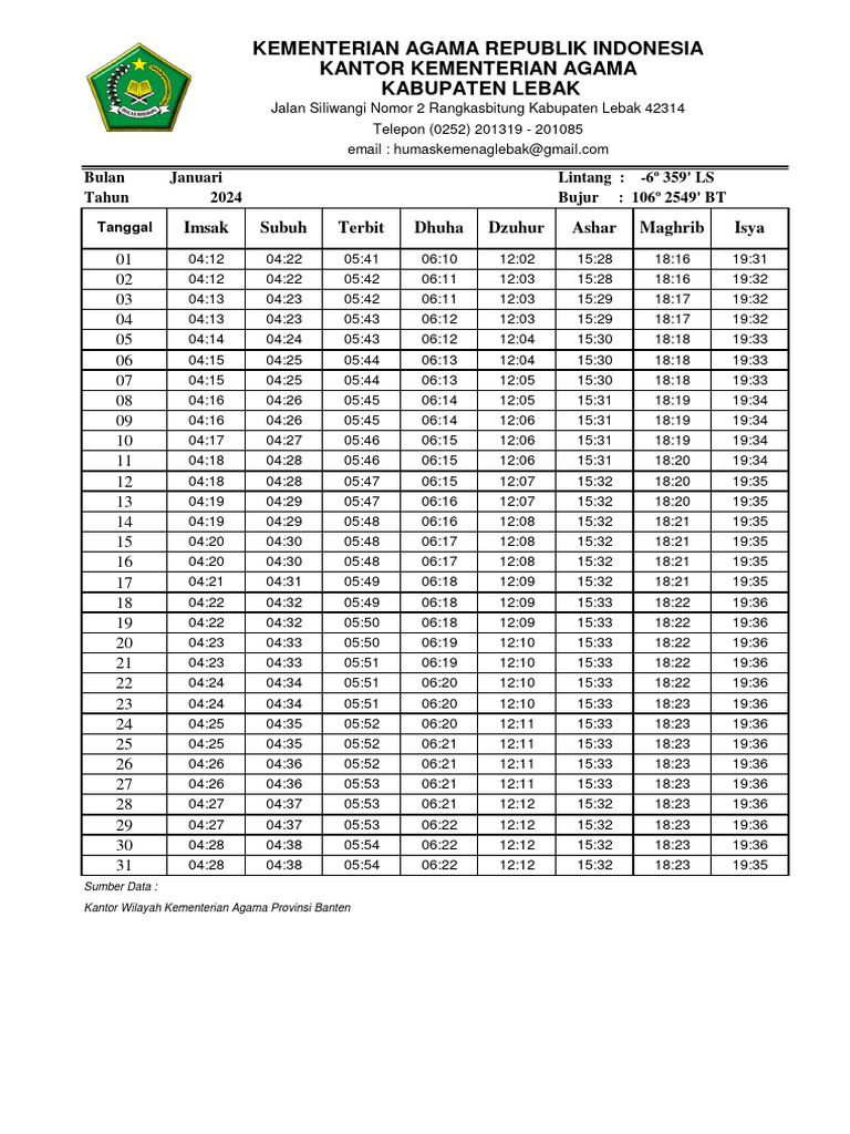 Jadwal sholat_ 2024 Lebak | PDF