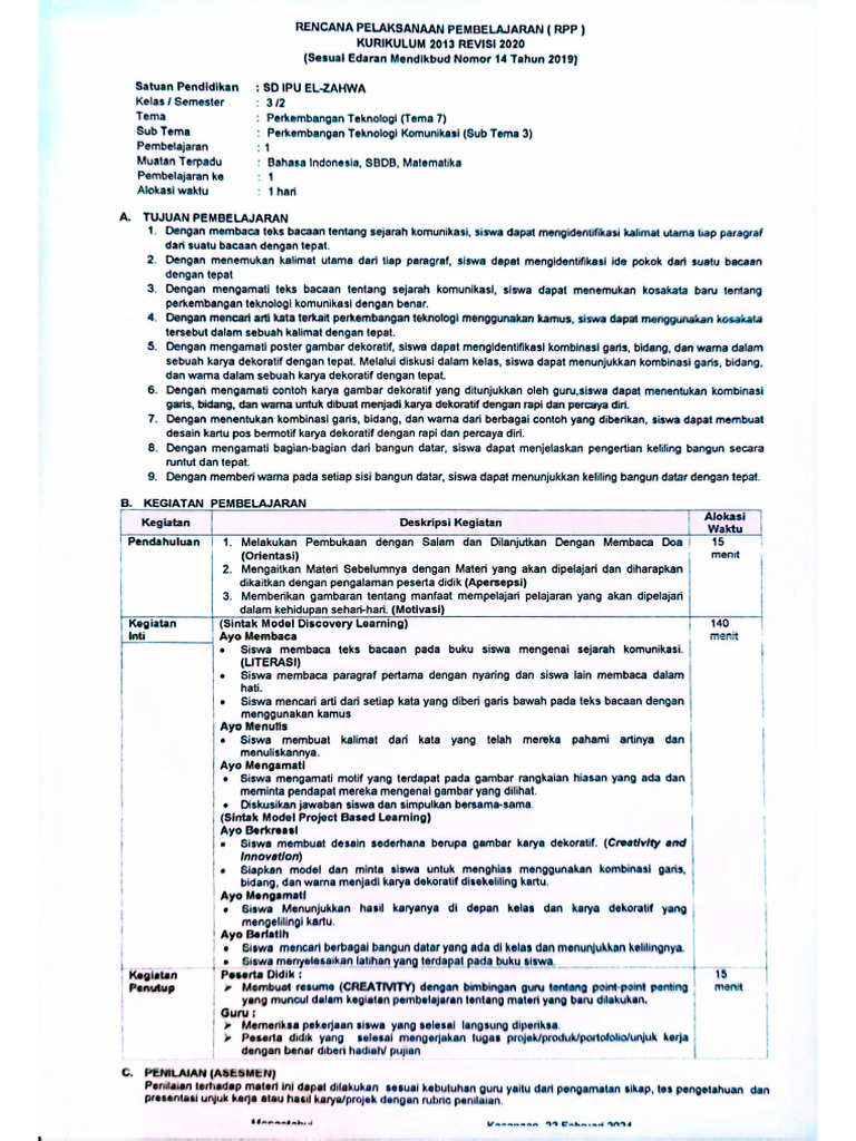 RPP Kelas 3 Tema 7 Sub 5 Pelajaran 1-2 | PDF