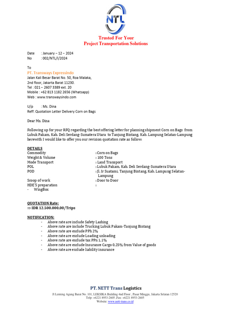 QTY NTL Biji Jagung Project PT Trans Ways Expressindo | PDF | Business | Economies