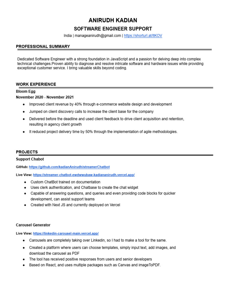 AnirudhSupportEngineer.docx (2) | PDF | Java Script | Mobile App