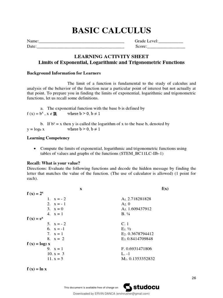 Limits Of Exponential Logarithmic And Trigonometric Functions Pdf