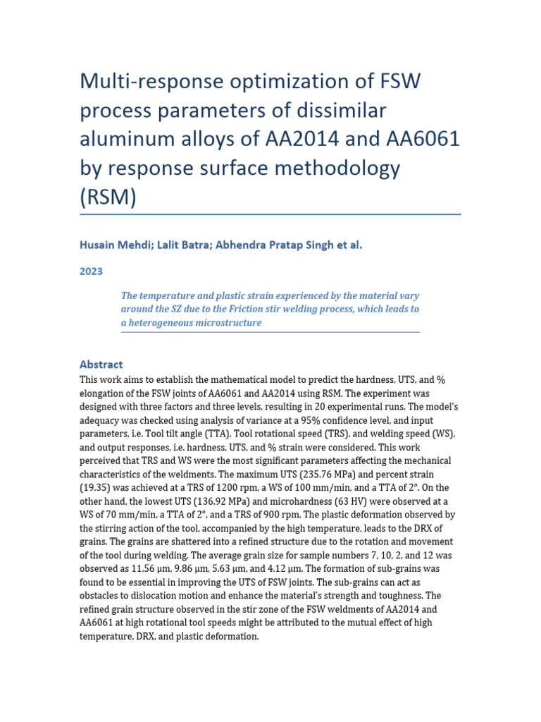 Multi Response Optimization of FSW Process Parameters of Dissimilar Aluminum Alloys of AA2014 ...