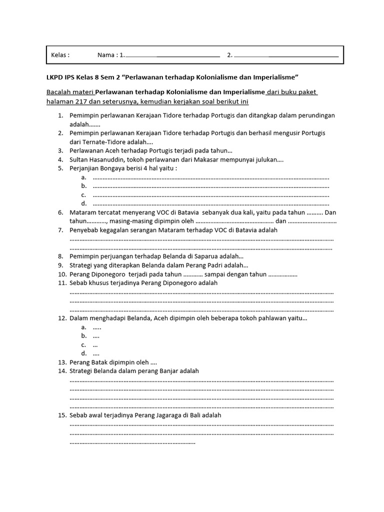 LKPD IPS Kelas 8 Sem 2 Perlawanan Terhadap Penjajah | PDF | Sejarah