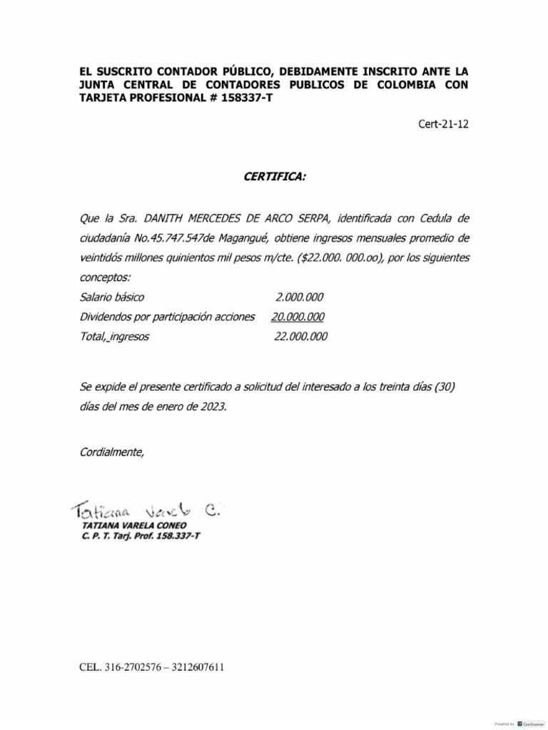 Certificado Danith de Arco - Dividendos | PDF