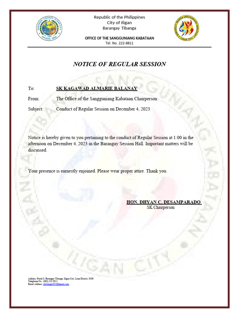 Notice of Regular Session | PDF