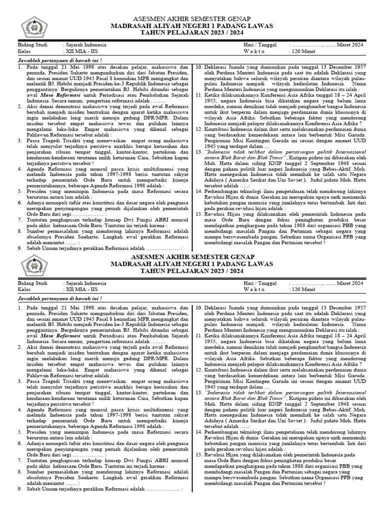 SOAL ASESMEN SEMESTER 6 SEJARAH INDONESIA-2024_fix | PDF