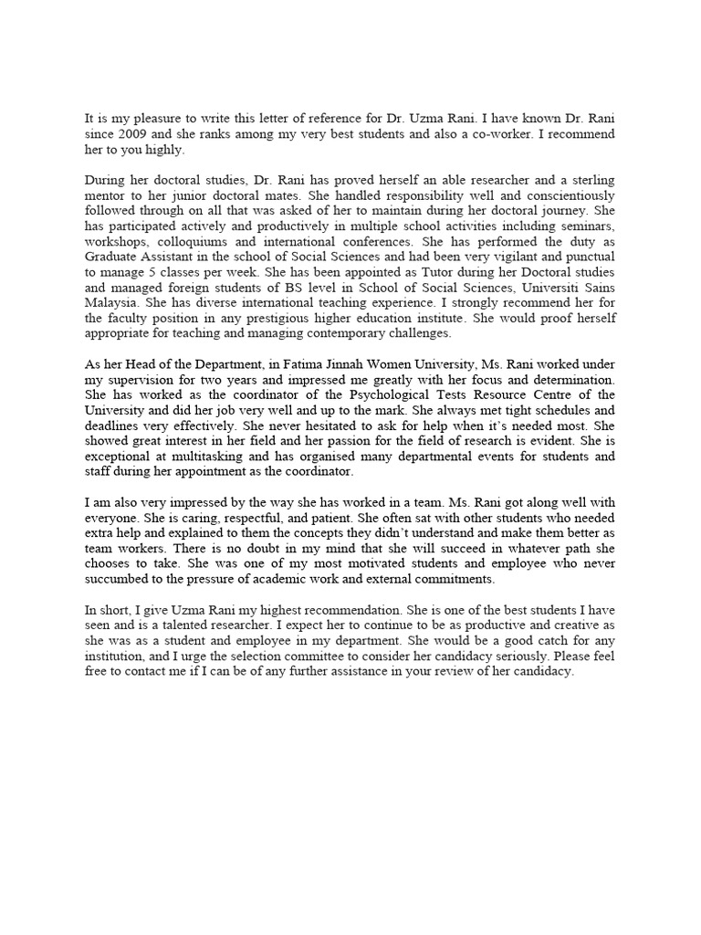 Draft Reference Letter | Download Free PDF | Psychology