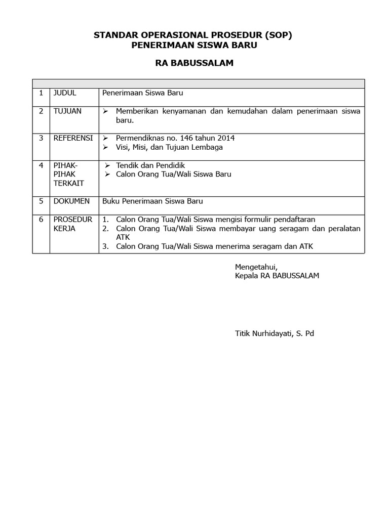 Sop Paud Penerimaan Siswa Baru | PDF
