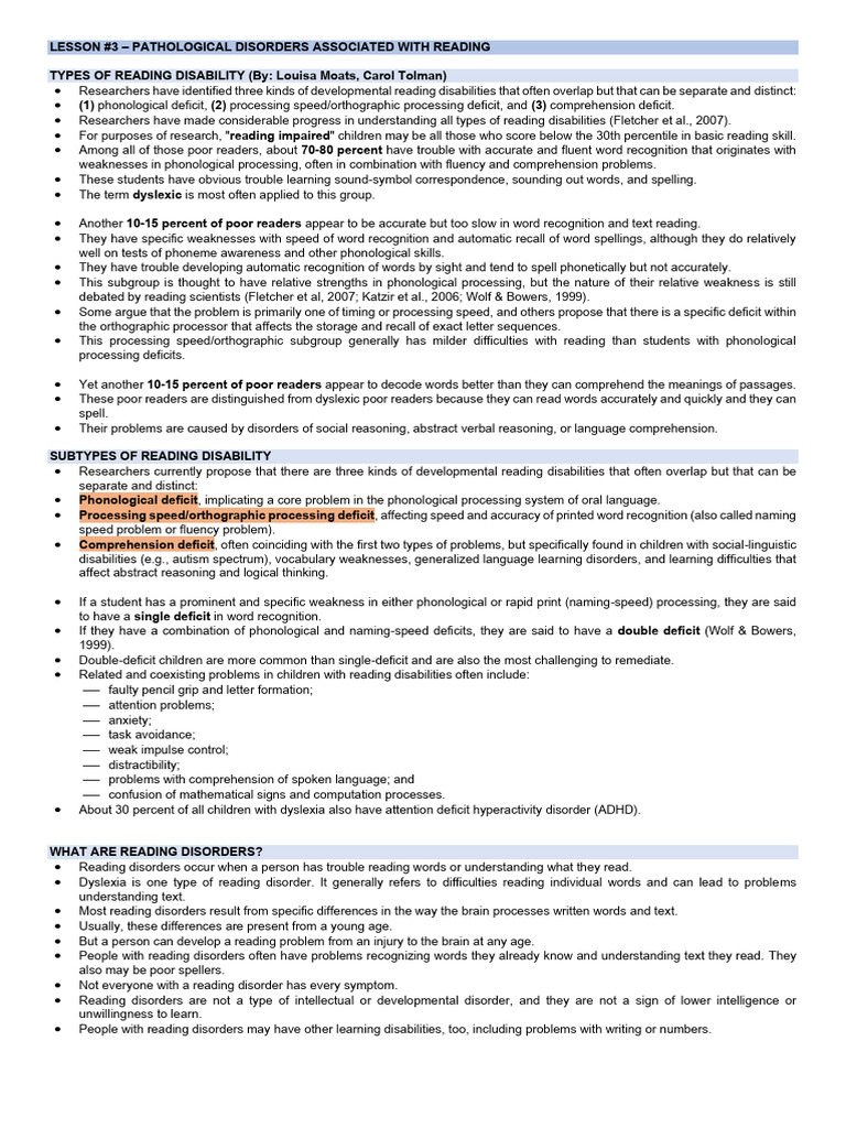 Lesson #3 - Pathological Disorders Associated With Reading | PDF ...