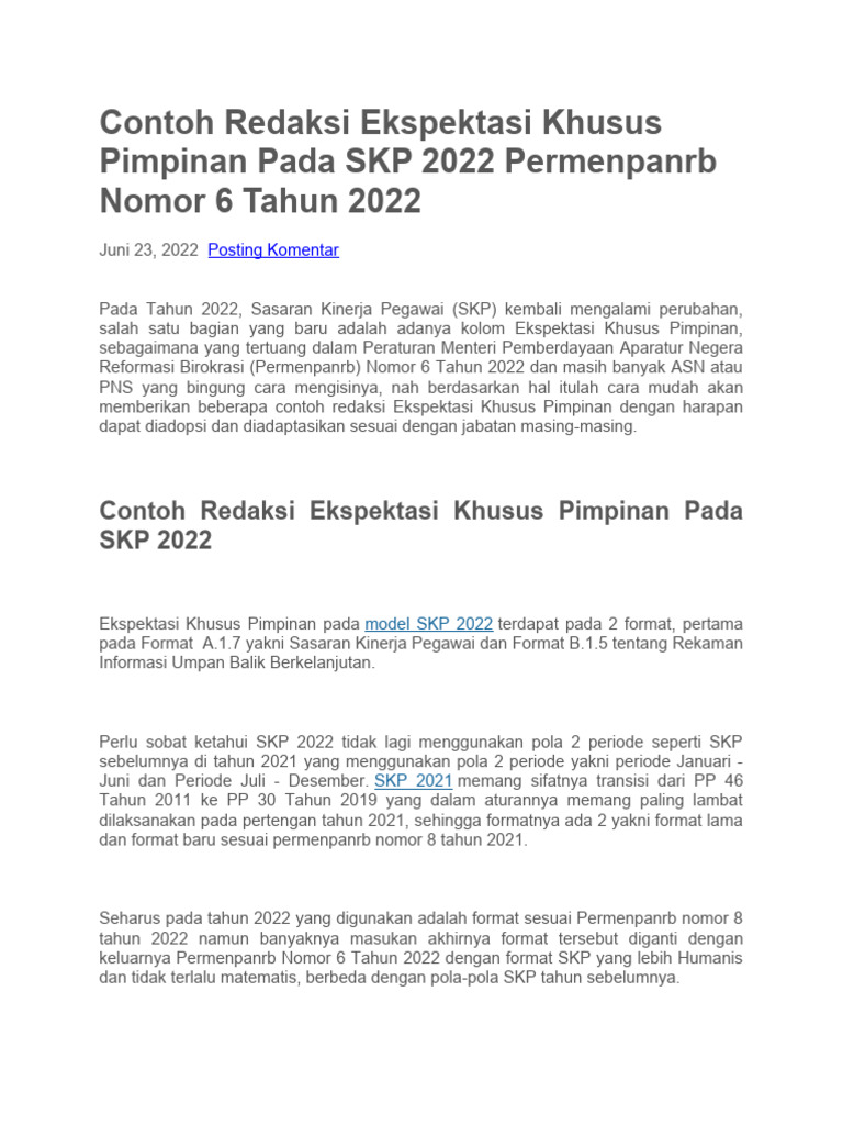 Contoh Redaksi Ekspektasi Khusus Pimpinan Pada SKP 2022 Permenpanrb ...