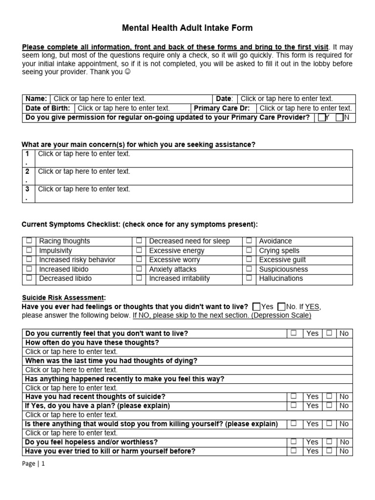 Adult Intake Form Fillable | PDF