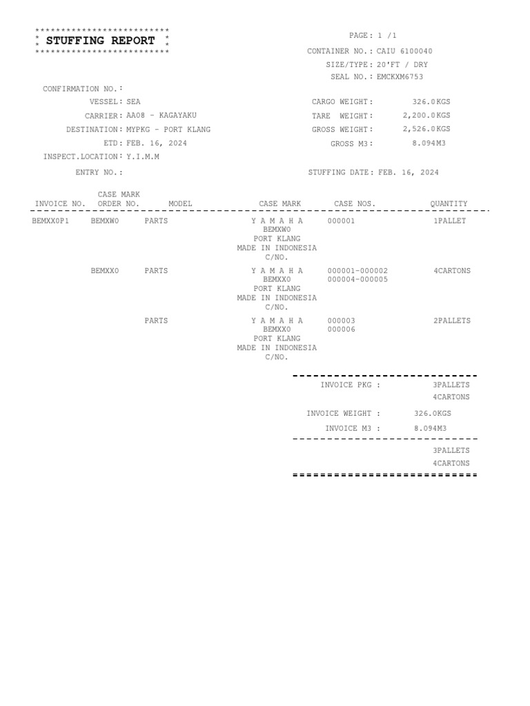 Stuffing Report - 2024-03-04T094717.681 | PDF | Freight Transport | Shipping