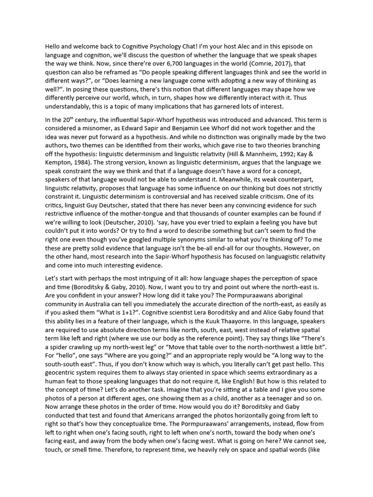 Language and Cognition Podcast Script | PDF | Linguistics | Human Communication