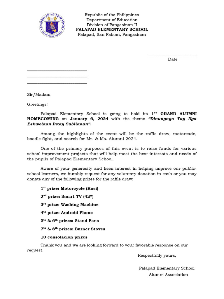 Palapad Elementary School Alumni Homecoming | PDF