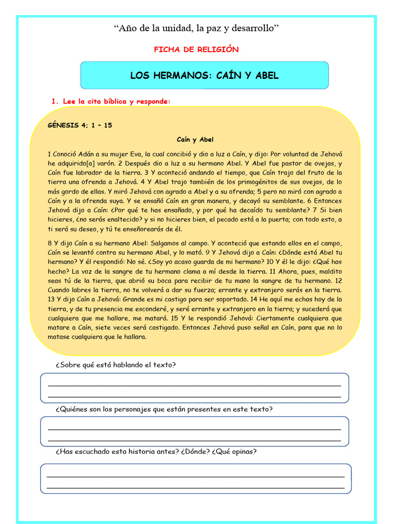 Ficha Relig. Caín y Abel | PDF | Adán y Eva | Creencia religiosa y doctrina