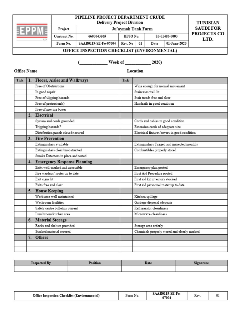 SAAR0119-SE-Fo-07004 Office Inspection Checklist ( Environmental) | PDF