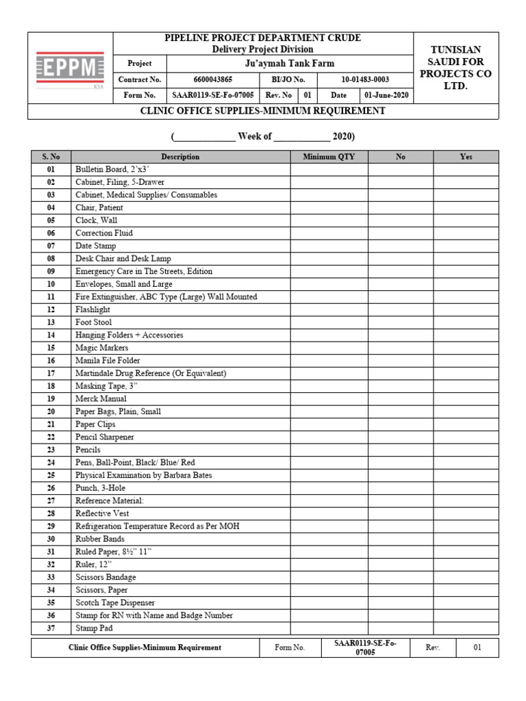 SAAR0119-SE-Fo-07005 Clinic Office -First Aid Room Supplies Checklist | PDF
