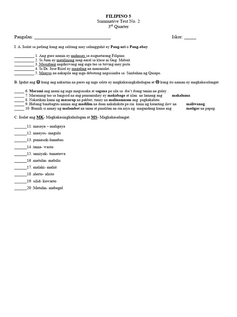 g5 Filipino-Summative Test | PDF