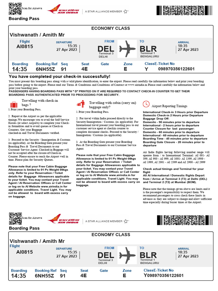 Your Boarding Pass To Bengaluru - Air India | PDF | Aviation | Transport