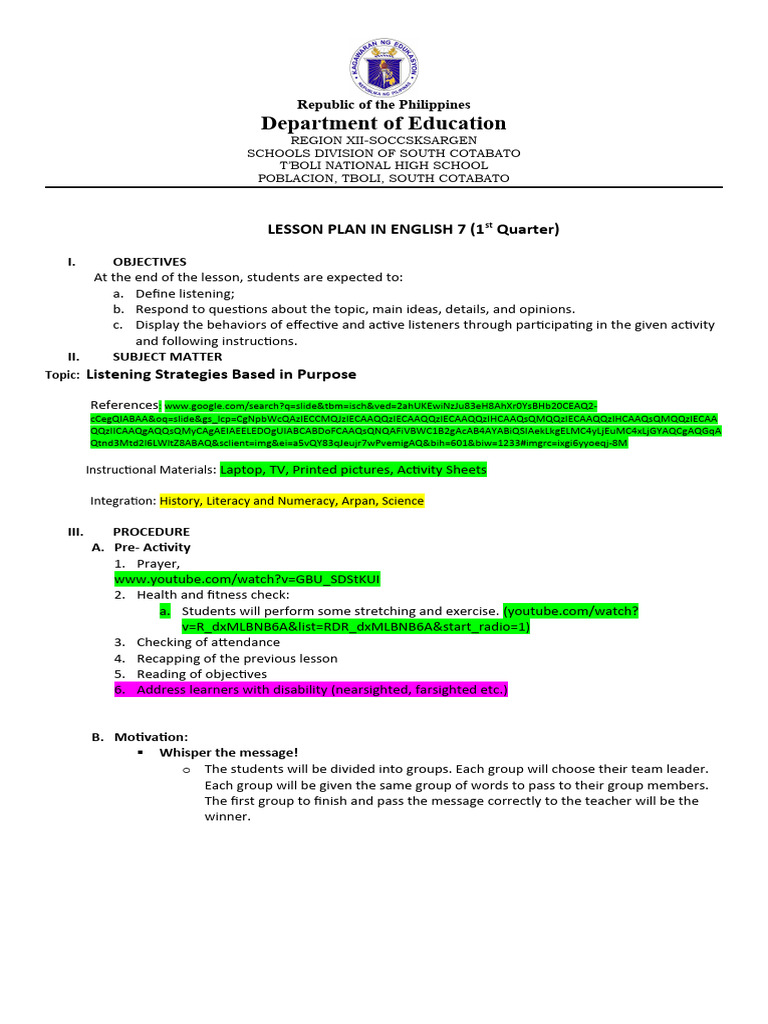 Lesson Plan Listening | PDF | Reading Comprehension | Cognitive Science