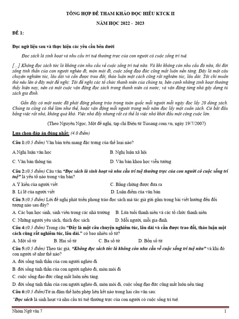 Hs Tổng Hợp Phần Đọc Hiểu Ktck II 2023 | PDF