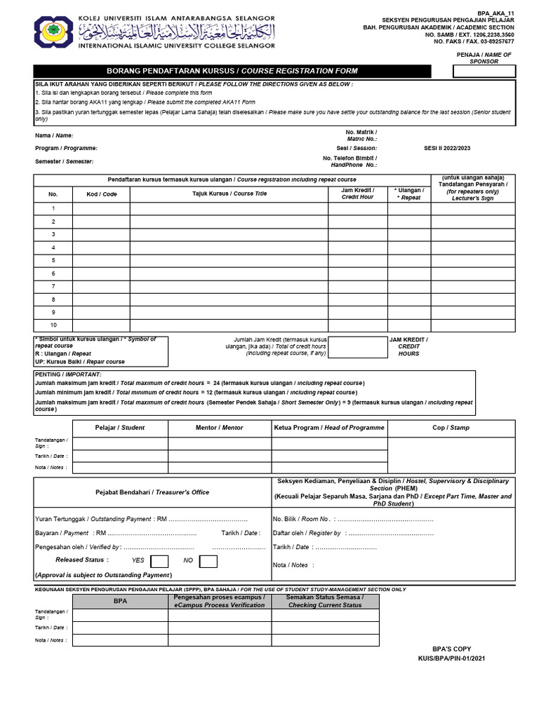 Bpa - Aka - 11 Borang Pendaftaran Kursus (Sesi II 2022-2023) | PDF | Academia | Student ...