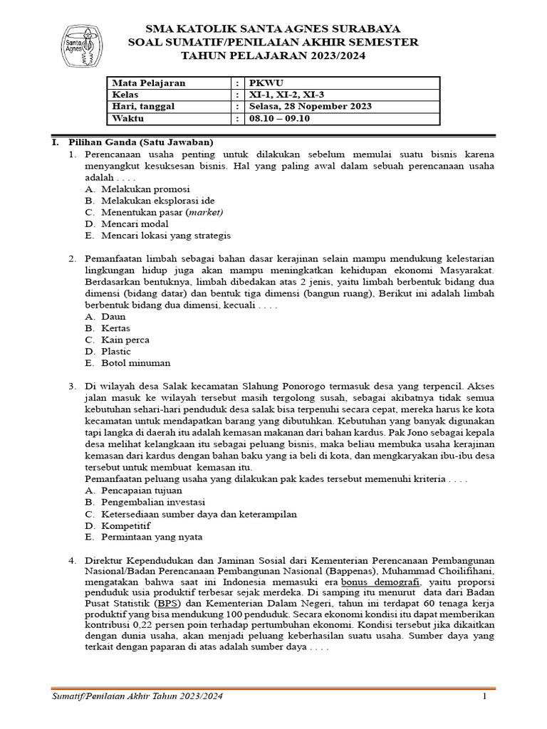 SOAL PAS PKWU XI 2023 Ganjil (Print) | PDF