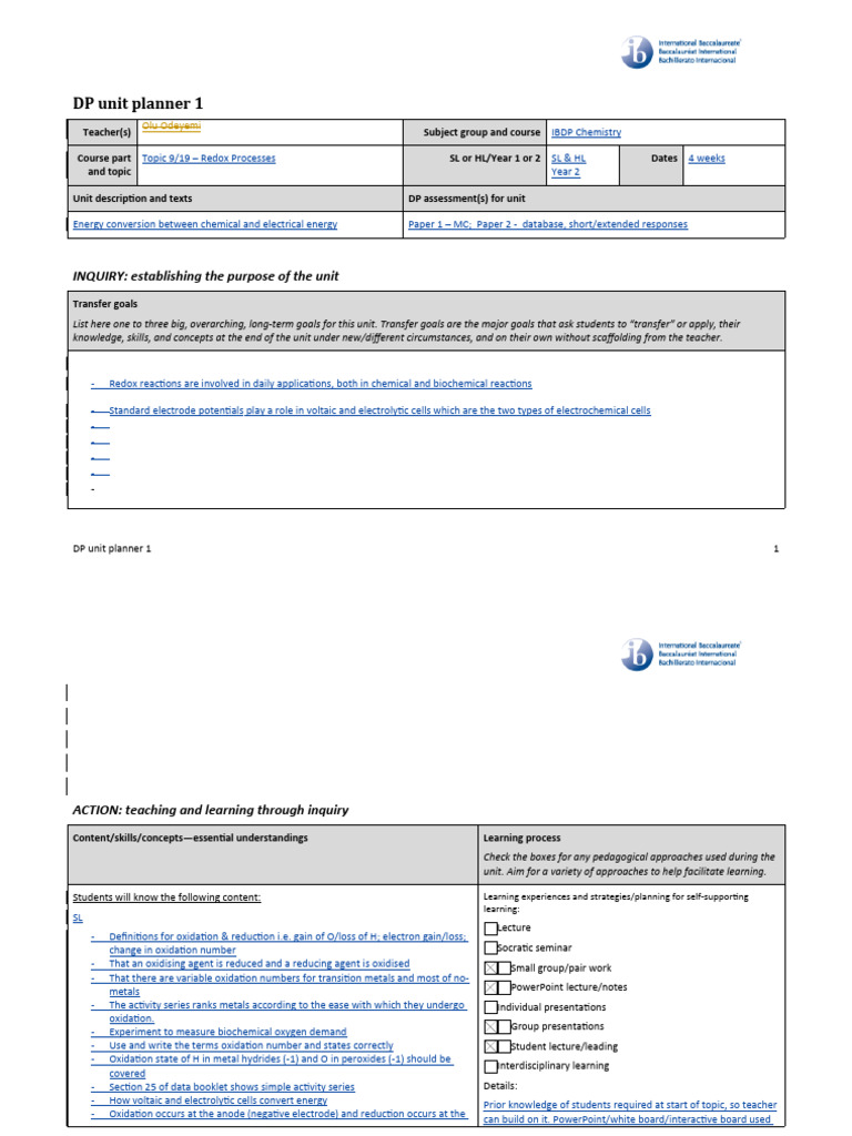 IBDP Chemistry Redox Processes Unit Plan | PDF