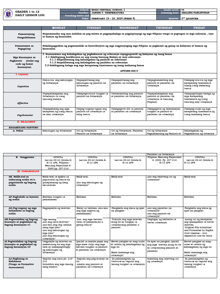 DLL - Araling Panlipunan 6 - Q3 - W4 | PDF