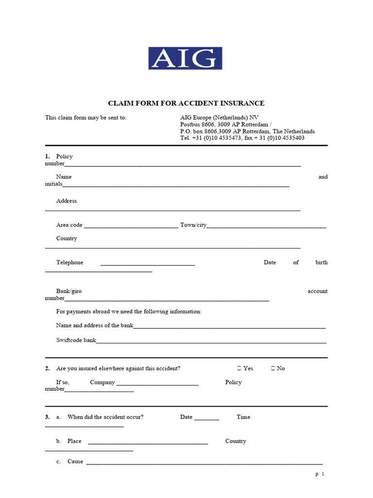 Claimsform AIG Accident | PDF