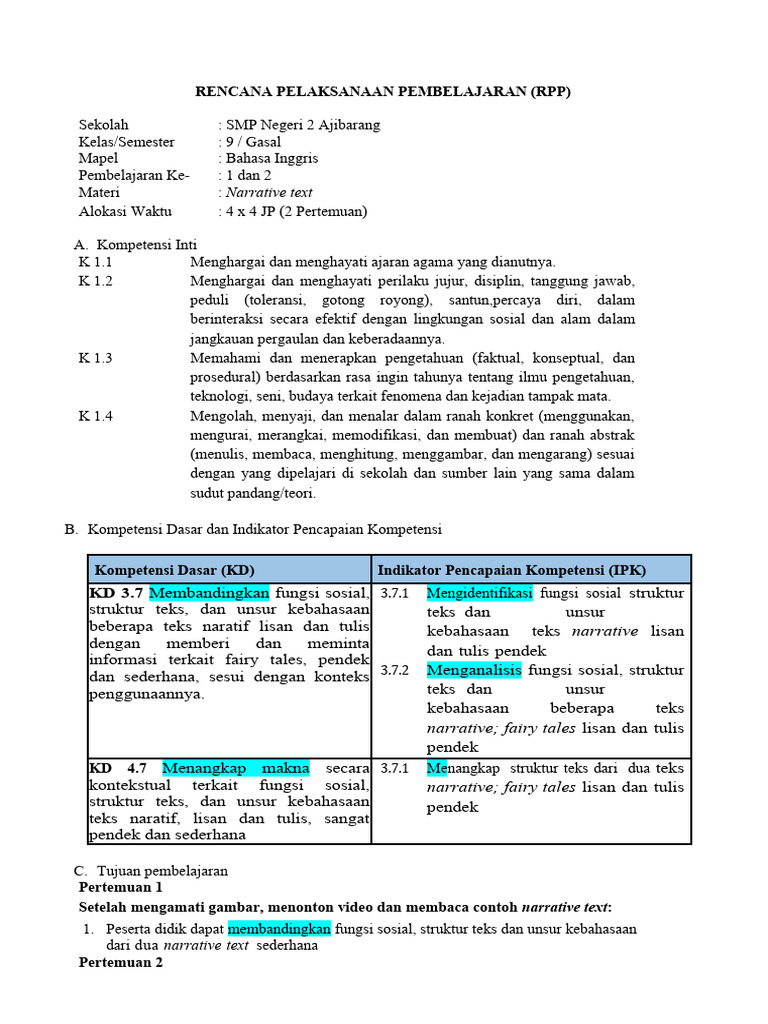RPP Bahasa Inggris: Narrative Text SMP 9 | PDF | Karier & Perkembangan