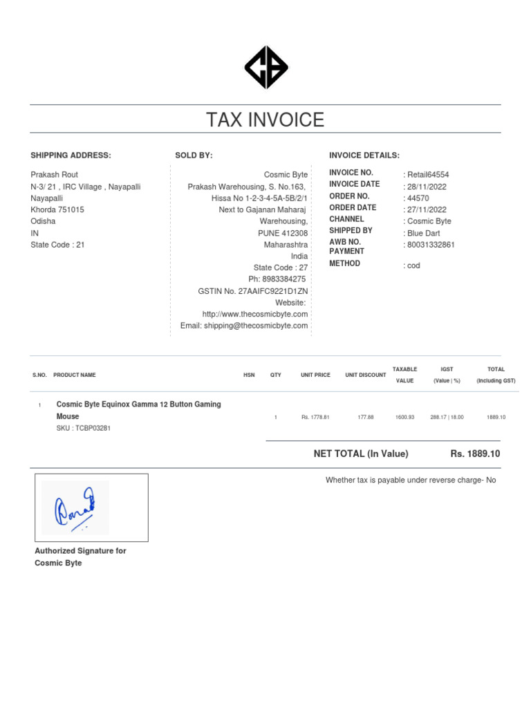 Cosmic Byte Equinox Gamma Invoice | PDF | Government | Public Finance