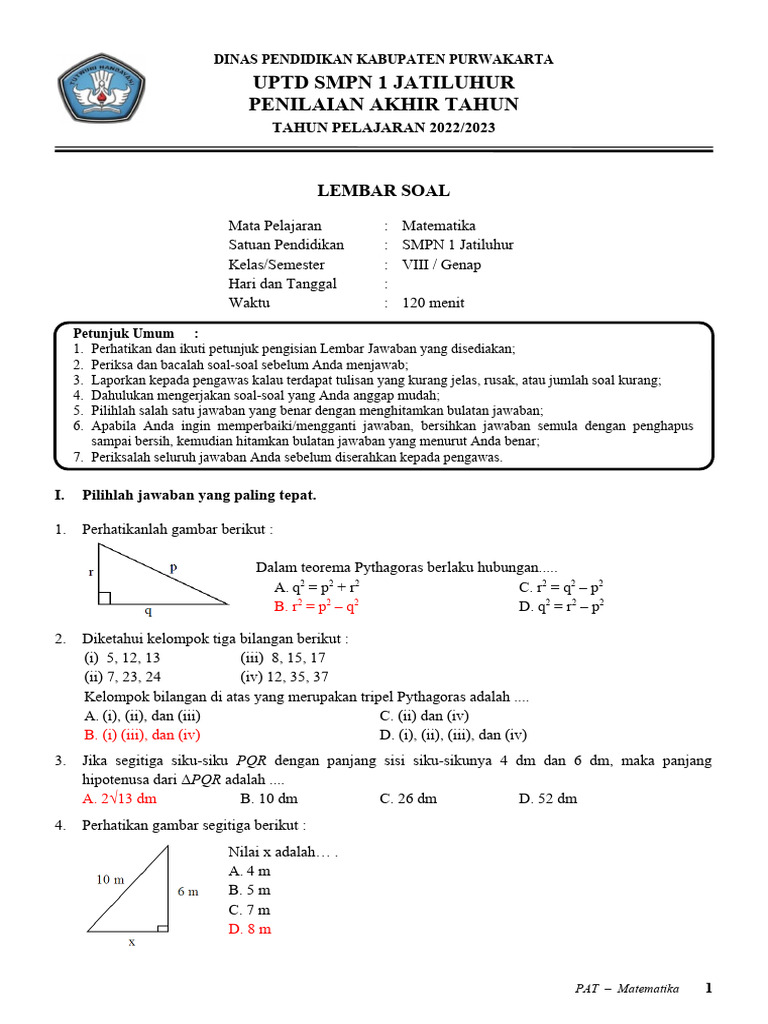 Soal PAT MTK Kelas 8 Tahun 2022-2023 | PDF